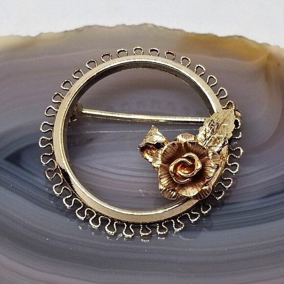 Krementz | Jewelry | Vintage Krementz Rose Circle Brooch 4k Gold Filled ...